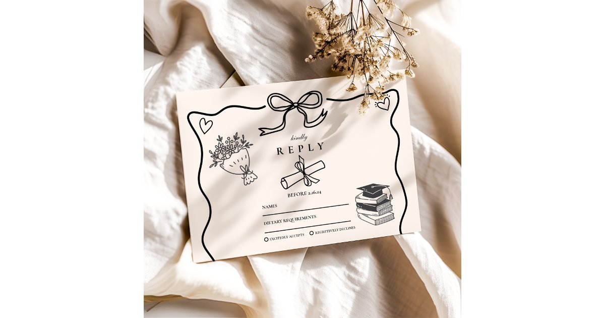 Hand Drawn Illustrated Black & White Graduation RSVP Card | Zazzle