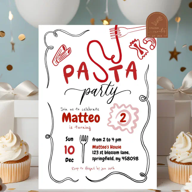 Hand Drawn Red Pasta Party Birthday Invitation | Zazzle