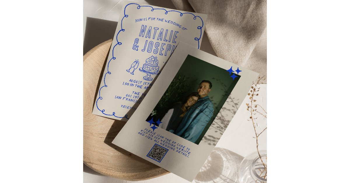 Hand Drawn Scribble Quirky QR Code Photo Wedding Invitation | Zazzle