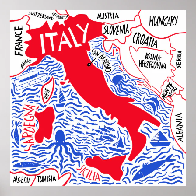 hand drawn stylised map of Italy. Travel illustrat Poster | Zazzle
