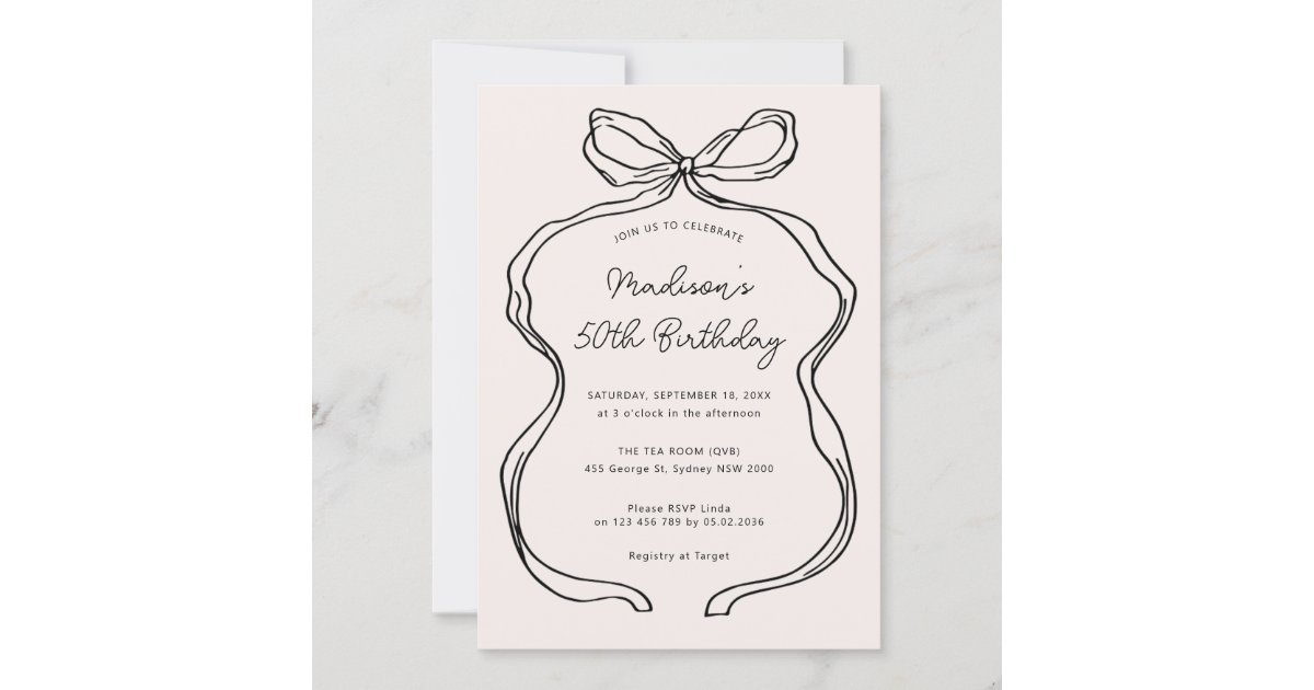 Hand Drawn Whimsical Ribbon 50th birthday party Invitation | Zazzle
