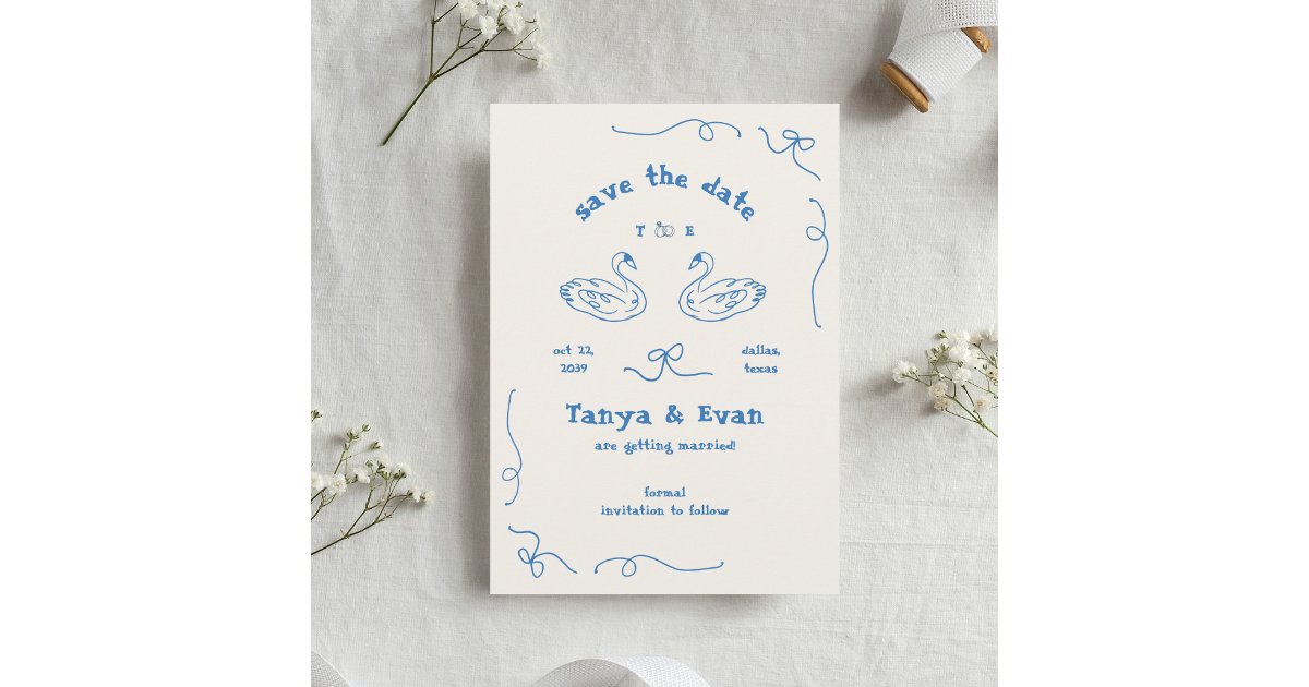 Hand Drawn Whimsical Swan Monogram Doodle Wedding Save The Date | Zazzle