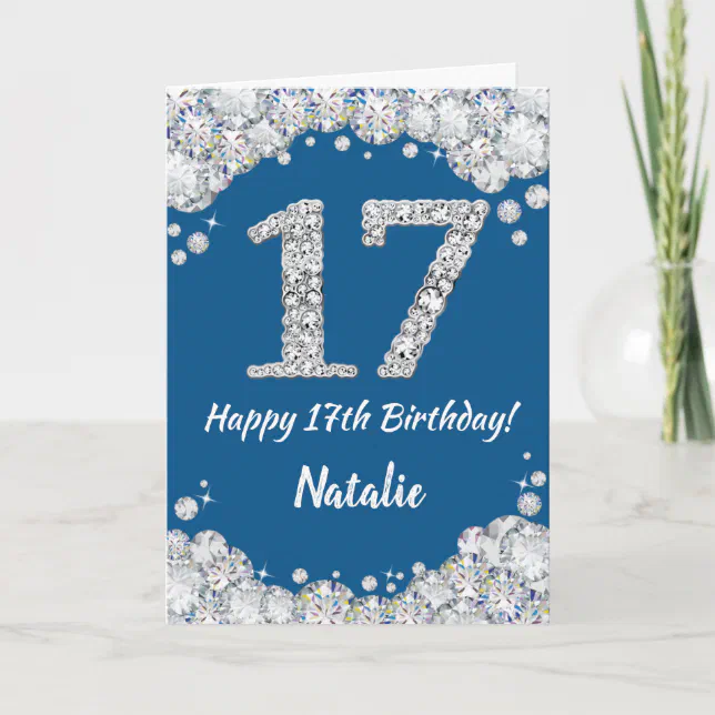 Happy 17th Birthday Blue and Silver Glitter Card | Zazzle