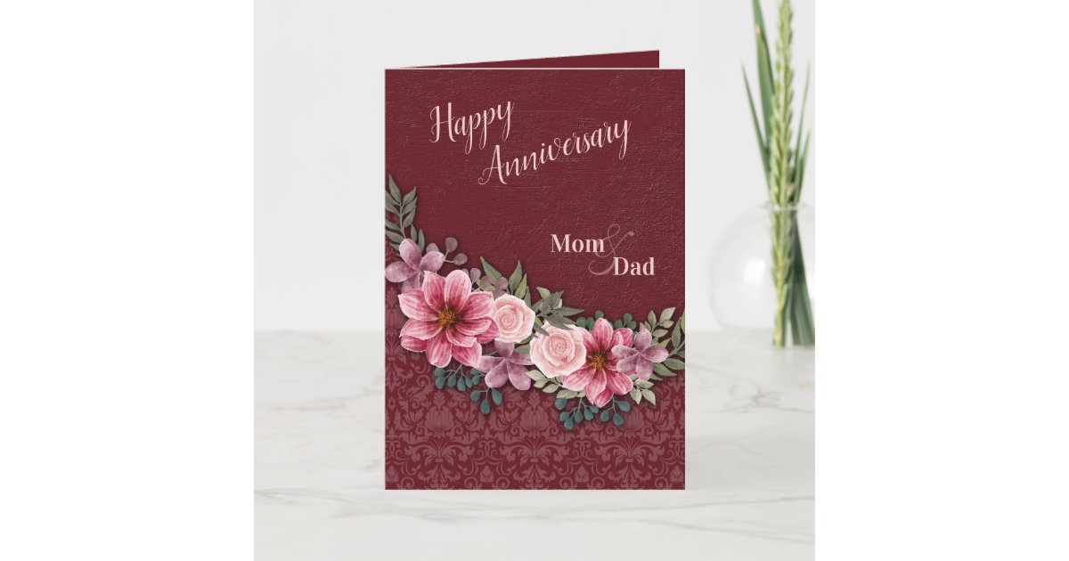 Happy Anniversary Mum and Dad Pink Roses Damask Card | Zazzle