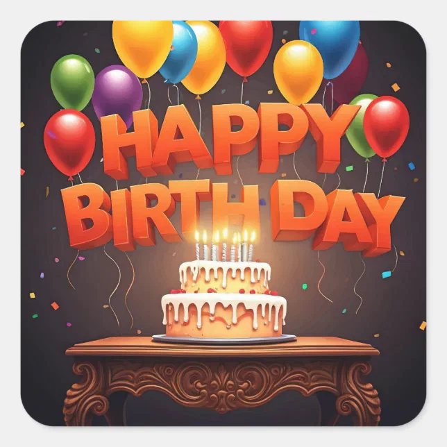 Happy Birthday for Kids - Colourful Balloons Cake Square Sticker | Zazzle
