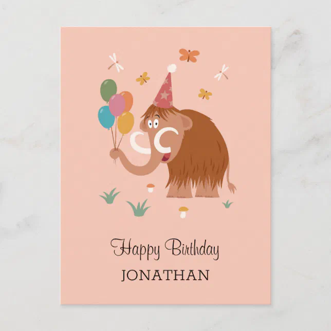 Happy Birthday Hat Cartoon Cute Mammoth Balloons Postcard | Zazzle