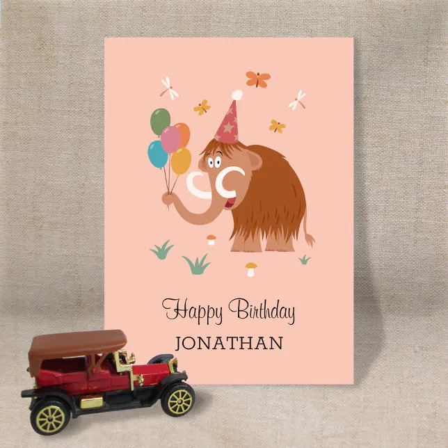 Happy Birthday Hat Cartoon Mammoth Balloons Card | Zazzle