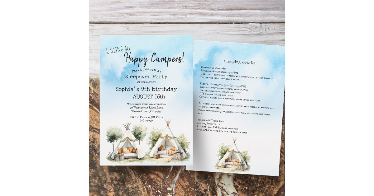 Happy Campers glamp teepee tent sleepover Invitation | Zazzle