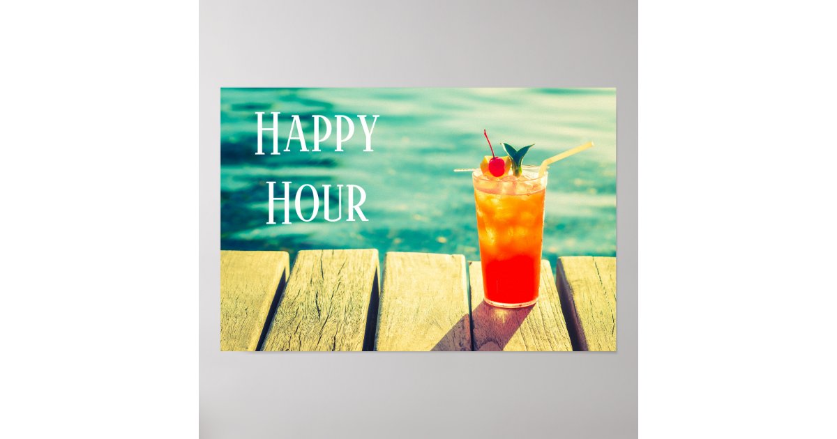 Happy Hour slogan Retro cocktail sunset pool bar Poster | Zazzle