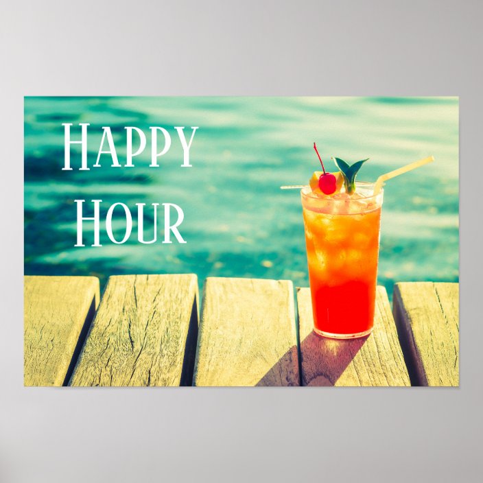 Happy Hour slogan Retro cocktail sunset pool bar Poster | Zazzle.com.au