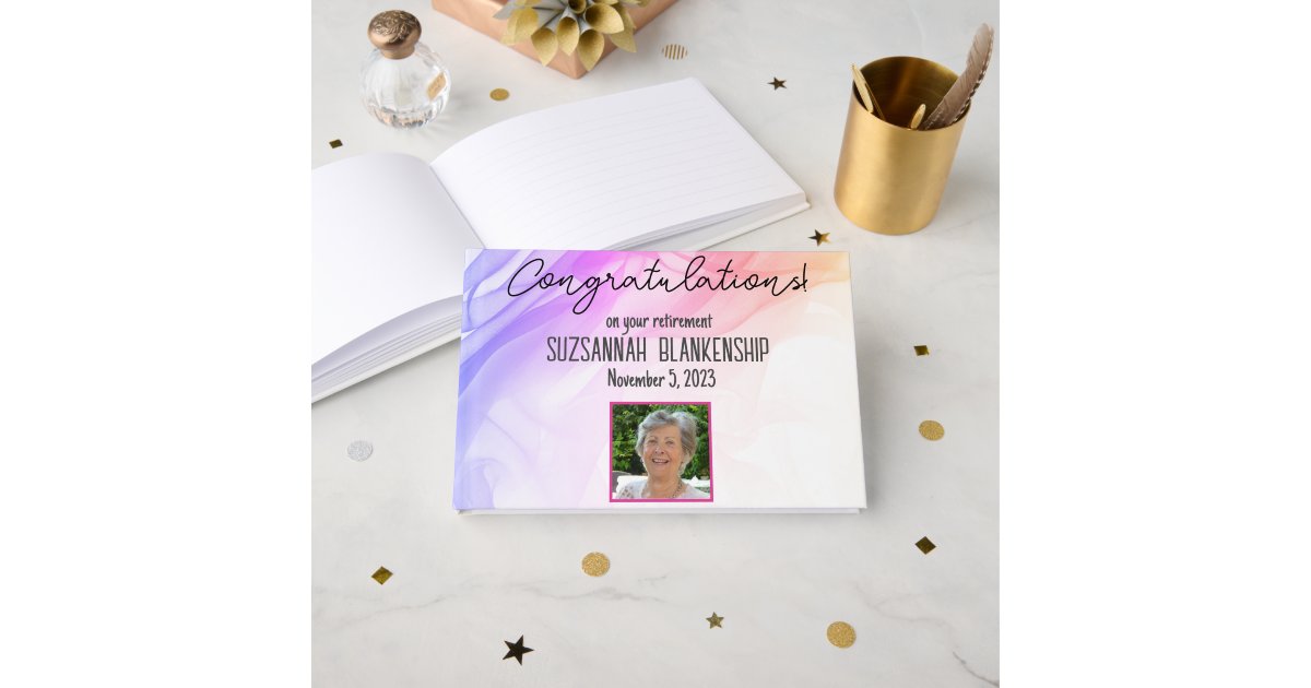 Happy Retirement Rainbow Watercolor Custom Photo Guest Book | Zazzle