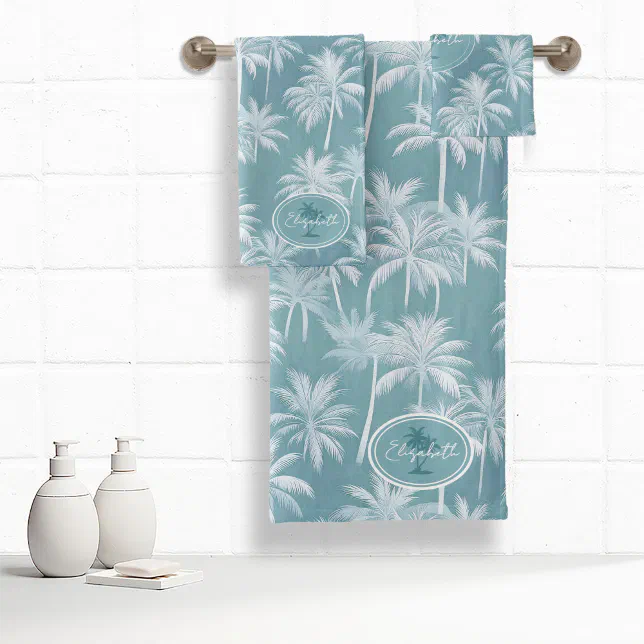 Hawaiian Palm Tree Silhouette Pattern Teal ID1093 Bath Towel Set | Zazzle