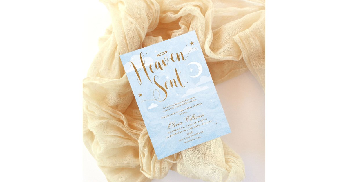 Heaven Sent Baby Shower Blue and Gold Invitation | Zazzle