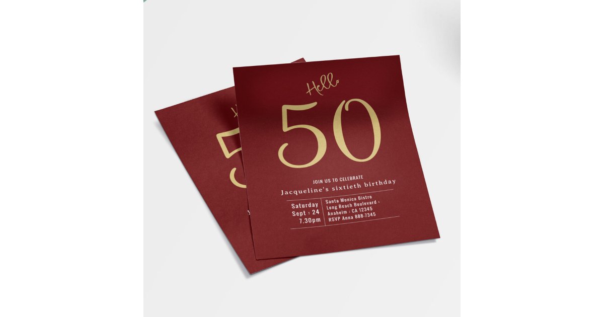 Hello 50 Red Gold Budget 50th Birthday Invitation Flyer | Zazzle