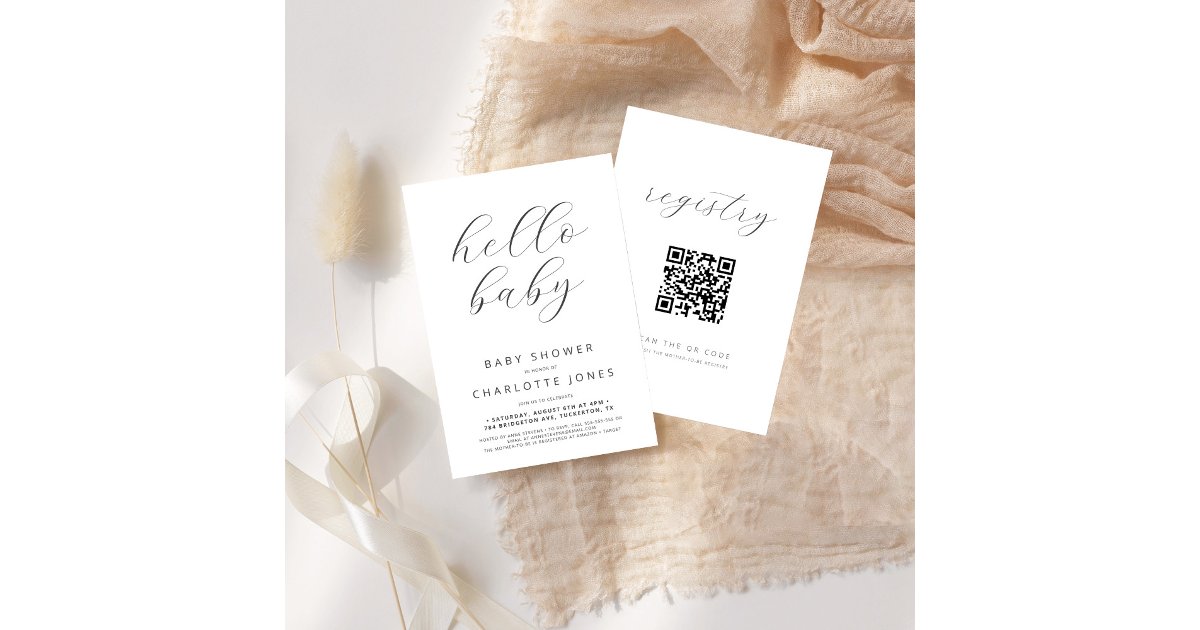 Hello Baby Modern Minimal QR Code Baby Shower Invitation | Zazzle