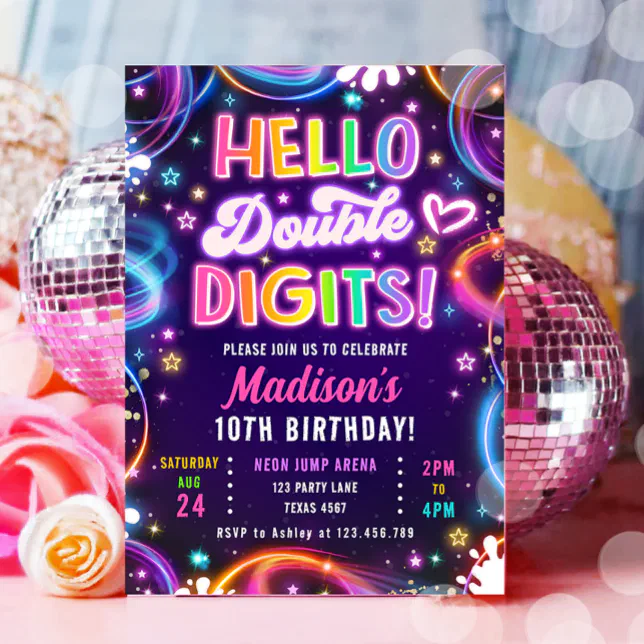 Hello Double Digits Tween Neon Glow Girl Birthday Invitation | Zazzle