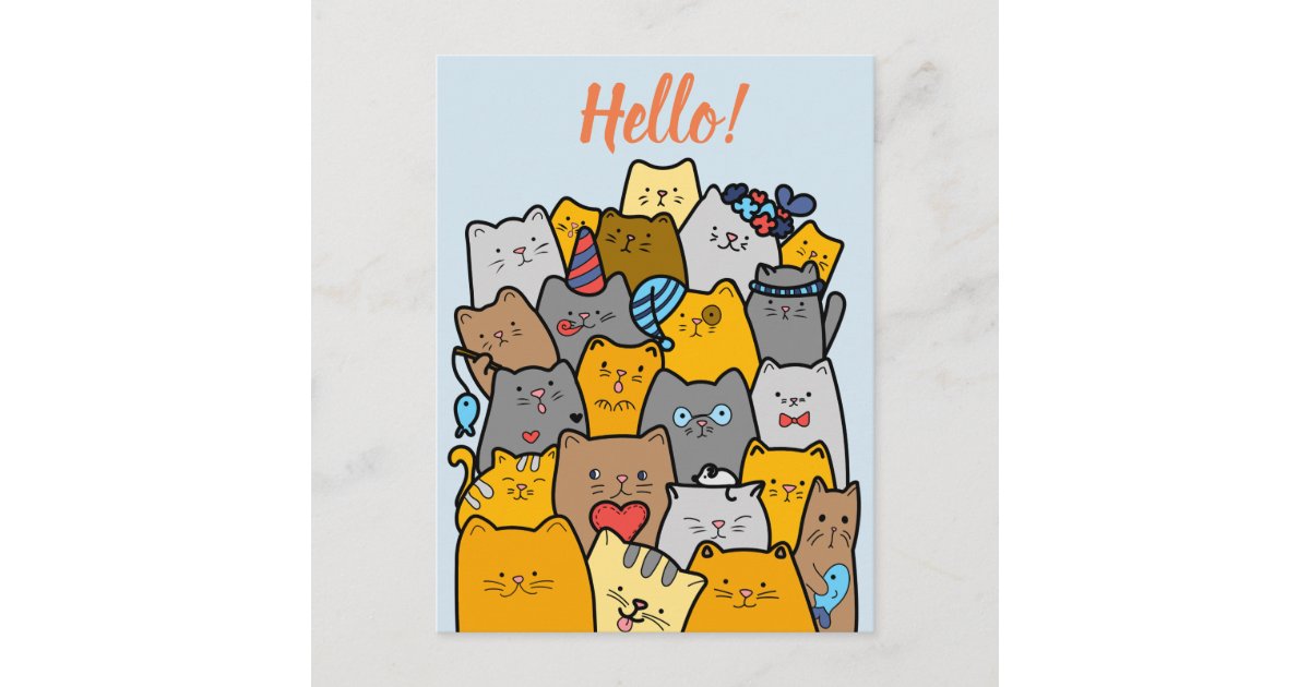 Hello!// Funny Cat Doodle Postcard | Zazzle