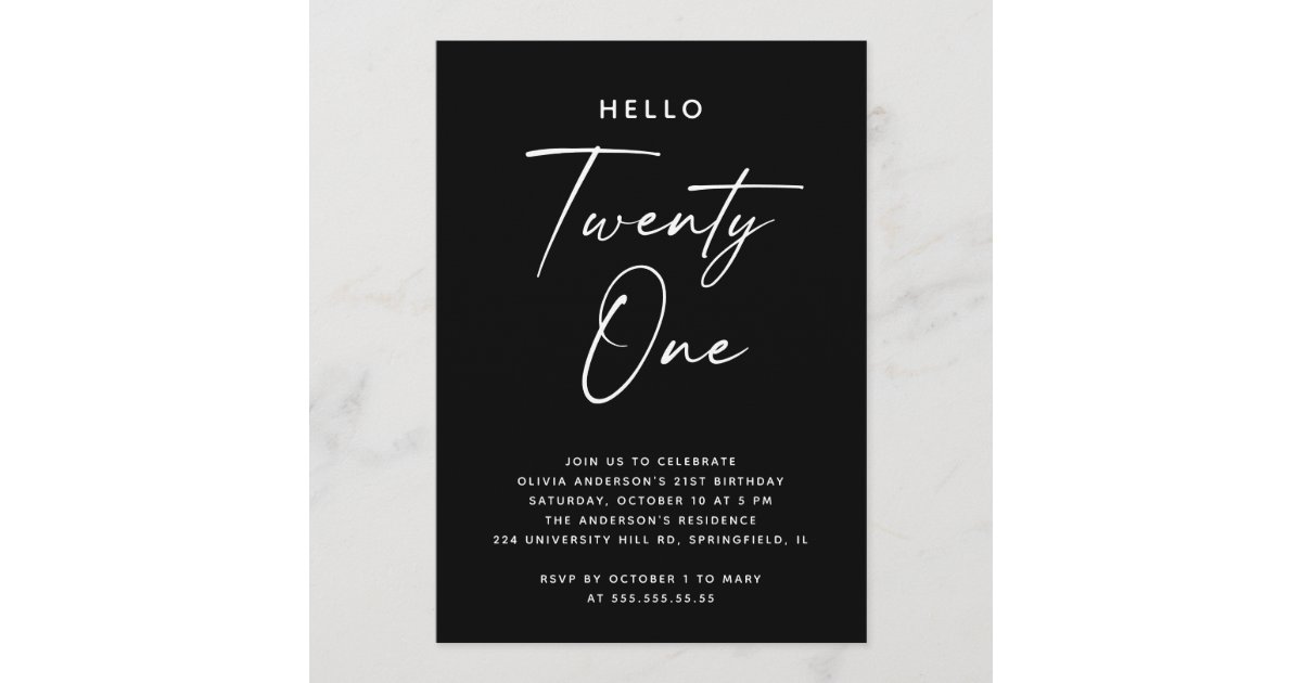 Hello Twenty One | Black Minimalist 21st Birthday Invitation | Zazzle