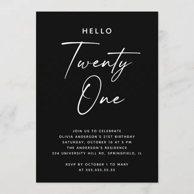 Hello Twenty One | Black Minimalist 21st Birthday Invitation | Zazzle
