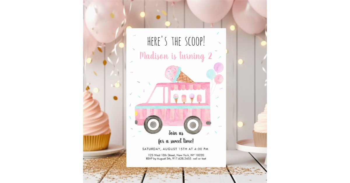Here's The Scoop Ice Cream Truck Birthday Invitation | Zazzle