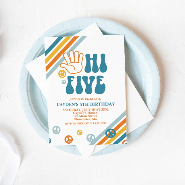 Hi Five Retro Boy 5th Birthday Invitation | Zazzle