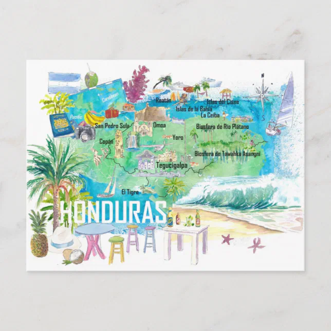 Honduras Illustrated Travel Map with Roads Postcard | Zazzle