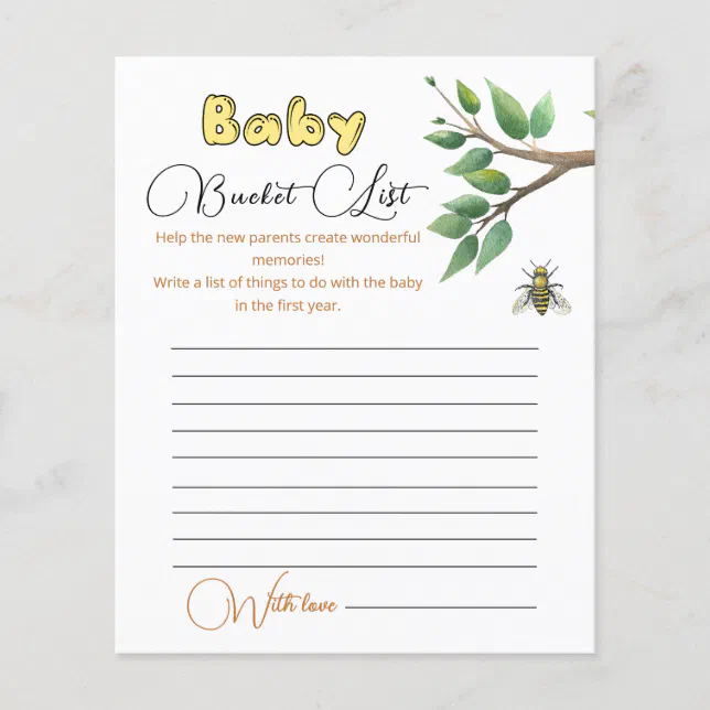 Honey Bee Baby Shower Bucket List | Zazzle