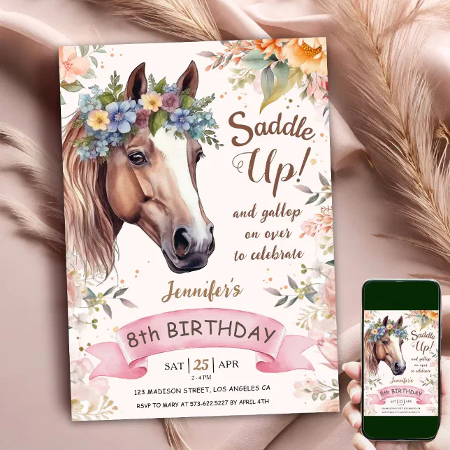 Horse 8th Birthday Floral CowGirl Saddle Up Invitation | Zazzle