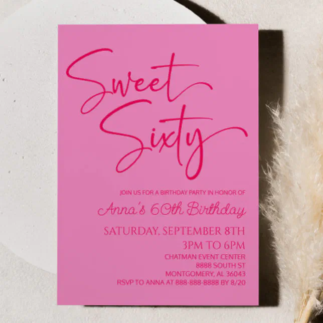 Hot Pink Sweet Sixty Minimal 60th Birthday Party Invitation | Zazzle