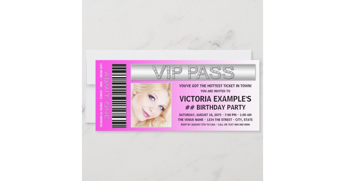 Hot Pink VIP Pass Admission Ticket Birthday Party Invitation | Zazzle