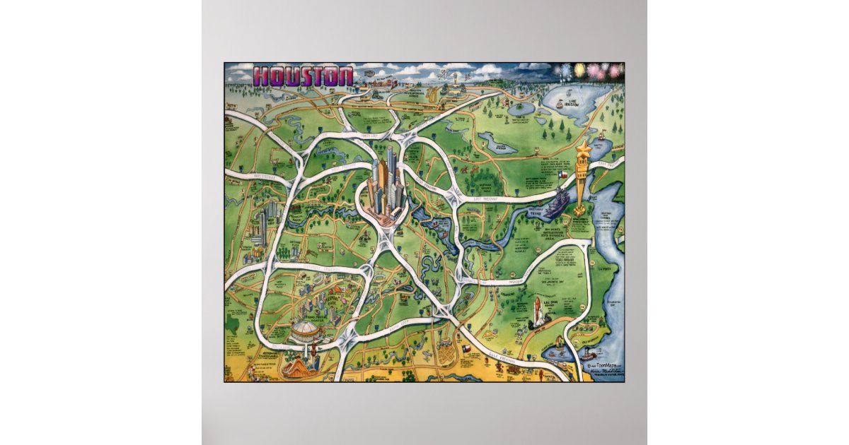 Houston Texas Cartoon Map Poster | Zazzle
