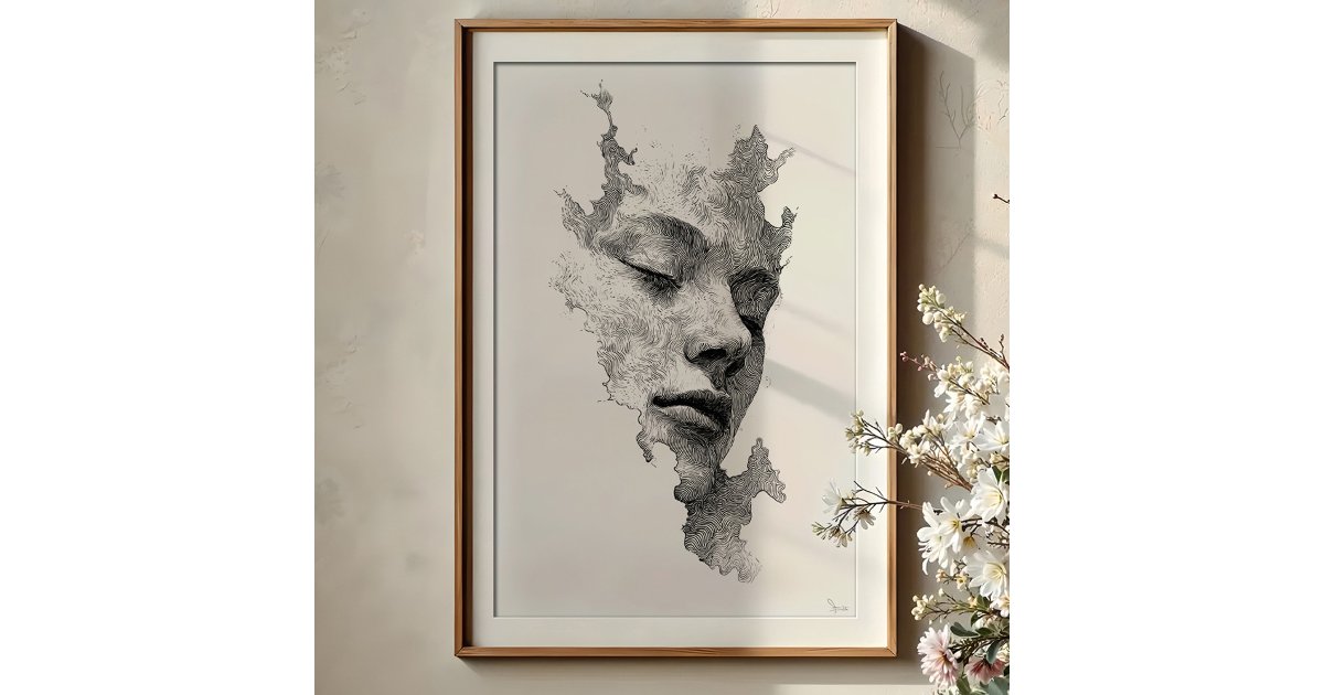 Hypnotic Lines: Intricate Monochrome Face Portrait Poster | Zazzle