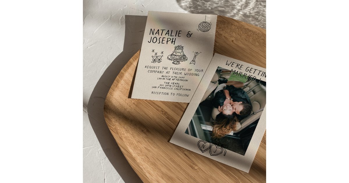 Illustrated Handwritten Cake Quirky Photo Wedding Invitation | Zazzle