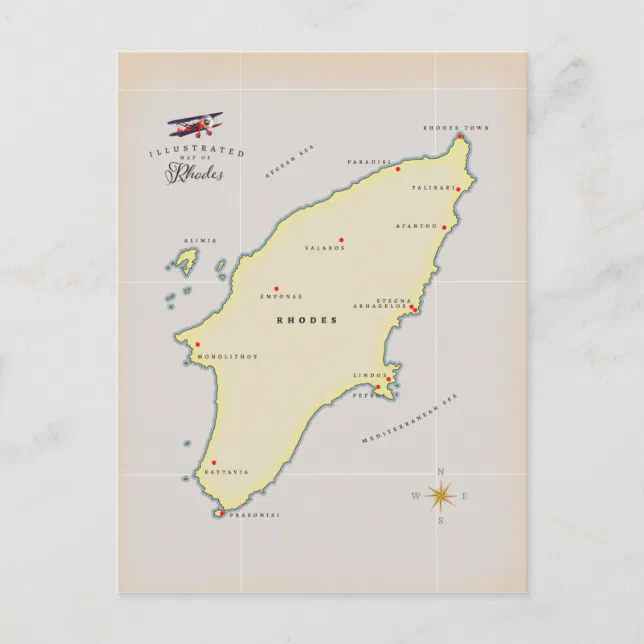 Illustrated map of Rhodes. Postcard | Zazzle