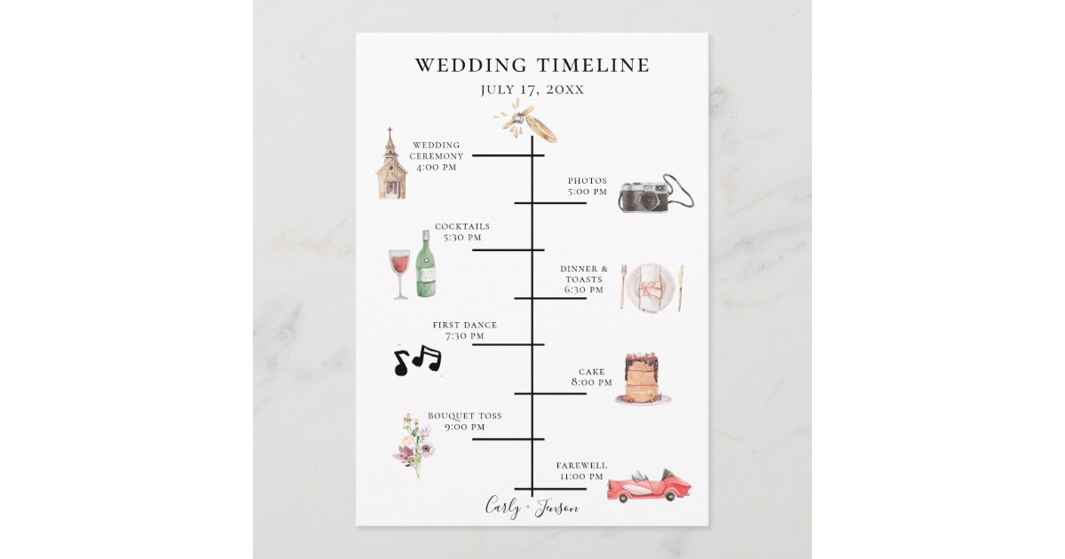 Illustrated Watercolor Wedding Timeline Program | Zazzle