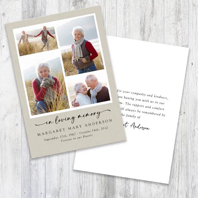 In Loving Memory Linen Photos Funeral Sympathy Thank You Card | Zazzle