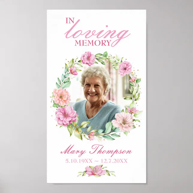In Loving Memory Pink Floral Wreath Photo Funeral Poster | Zazzle