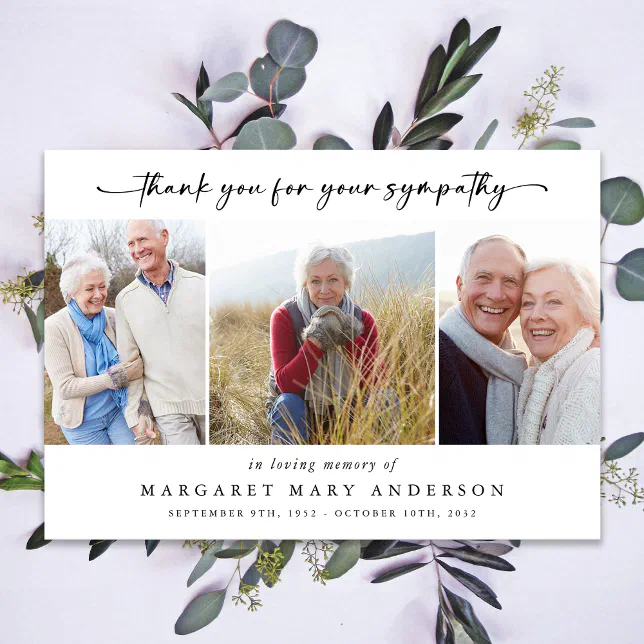 In Loving Memory Three Photos Funeral Sympathy Thank You Card | Zazzle