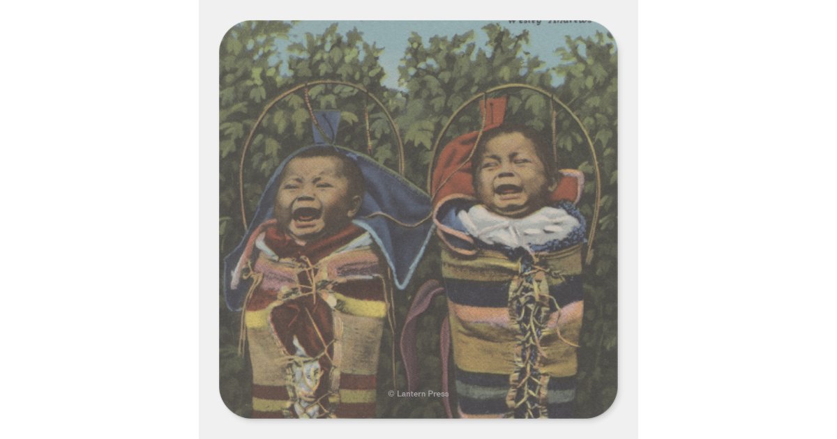 Indian Twins in Papooses & "Just Crying " Square Sticker | Zazzle