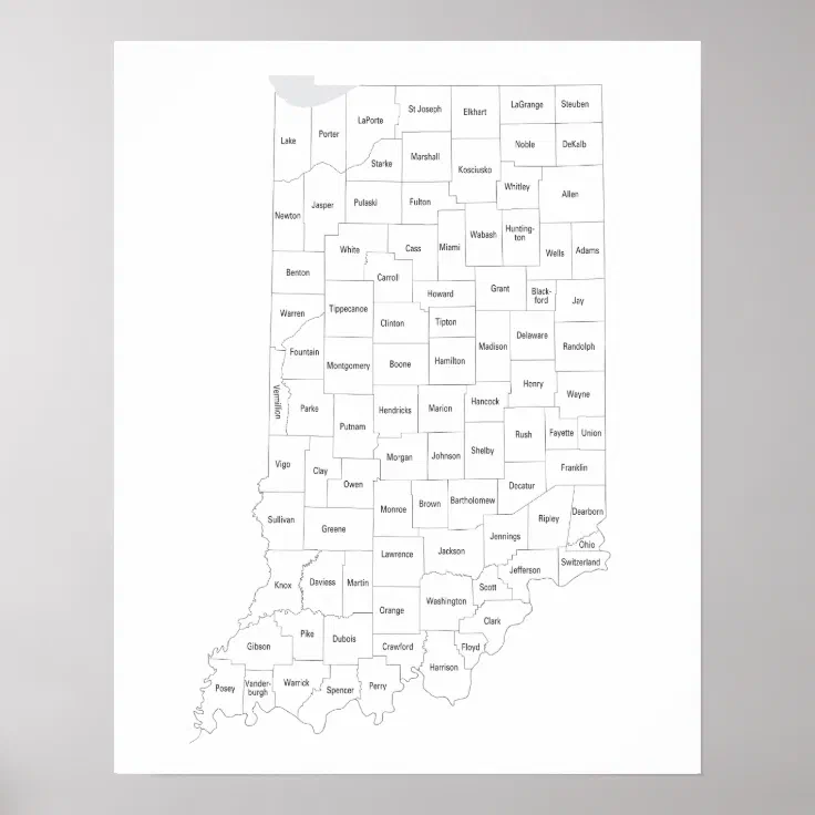 Indiana Counties map with state outline Poster | Zazzle