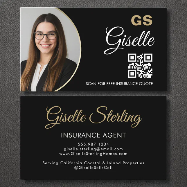 Insurance Agent Black Gold Photo QR Code Business Card | Zazzle