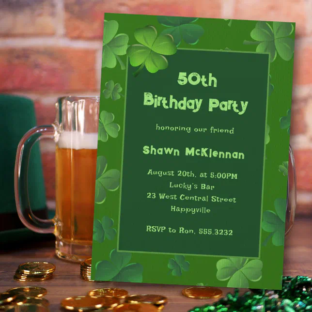 Irish Birthday Lucky Clovers Adult Party Invitation | Zazzle