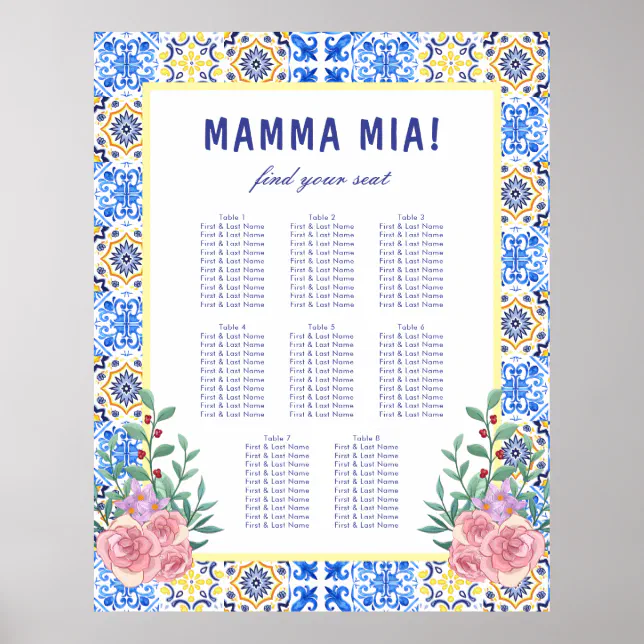Italian Blue Tile Mamma Baby Shower Seating Chart | Zazzle