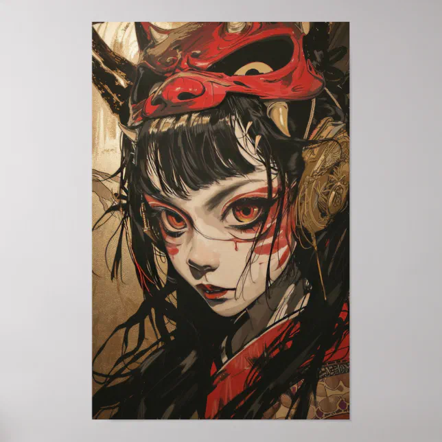 Japanese Anime Girl with Red and Gold Oni Mask Pos Poster | Zazzle