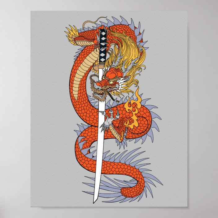 Japanese dragon with katana sword poster | Zazzle.com.au