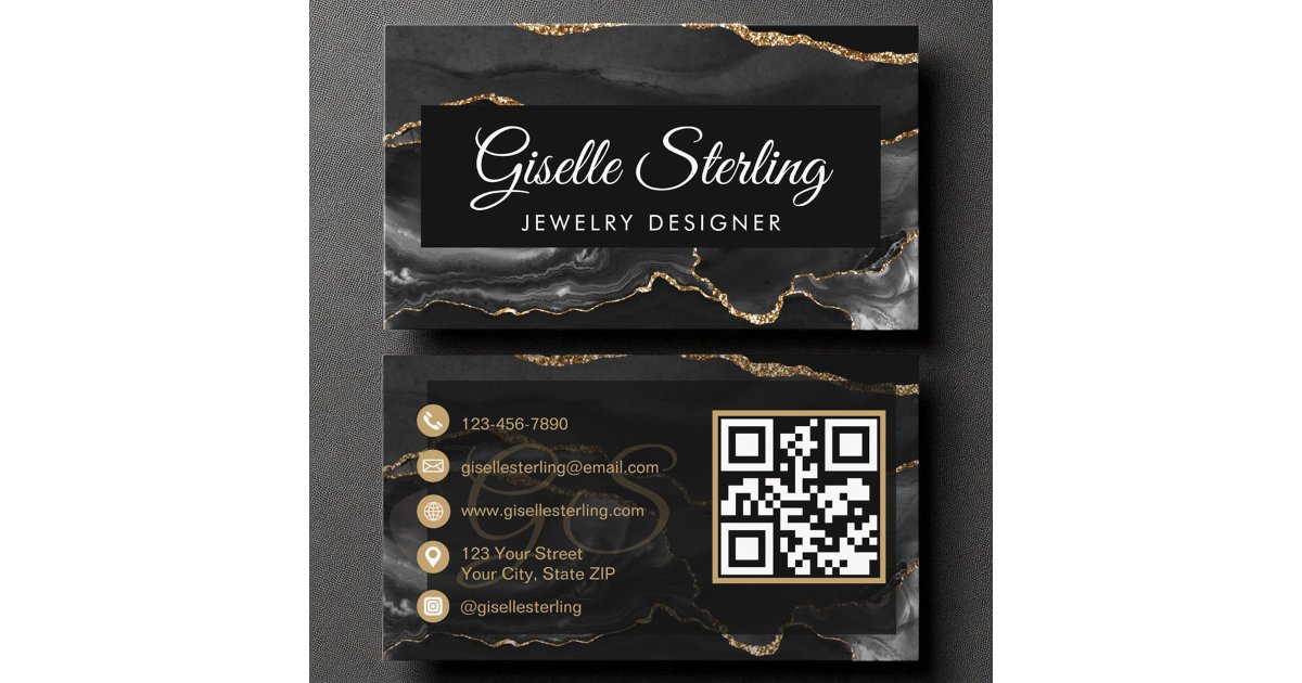 Jewellery Designer QR Code Black Gold Agate Luxury Business Card | Zazzle
