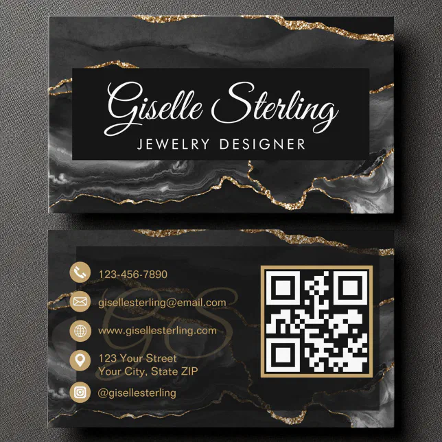 Jewellery Designer QR Code Black Gold Agate Luxury Business Card | Zazzle
