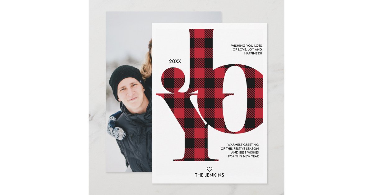 Joy Typography Red Buffalo Plaid Photo Holiday Invitation | Zazzle