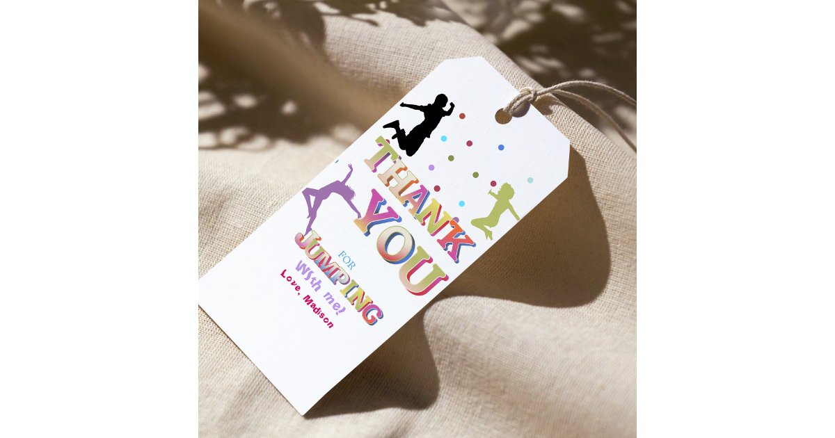 Jump Trampoline Colourful Double birthday party Gift Tags | Zazzle