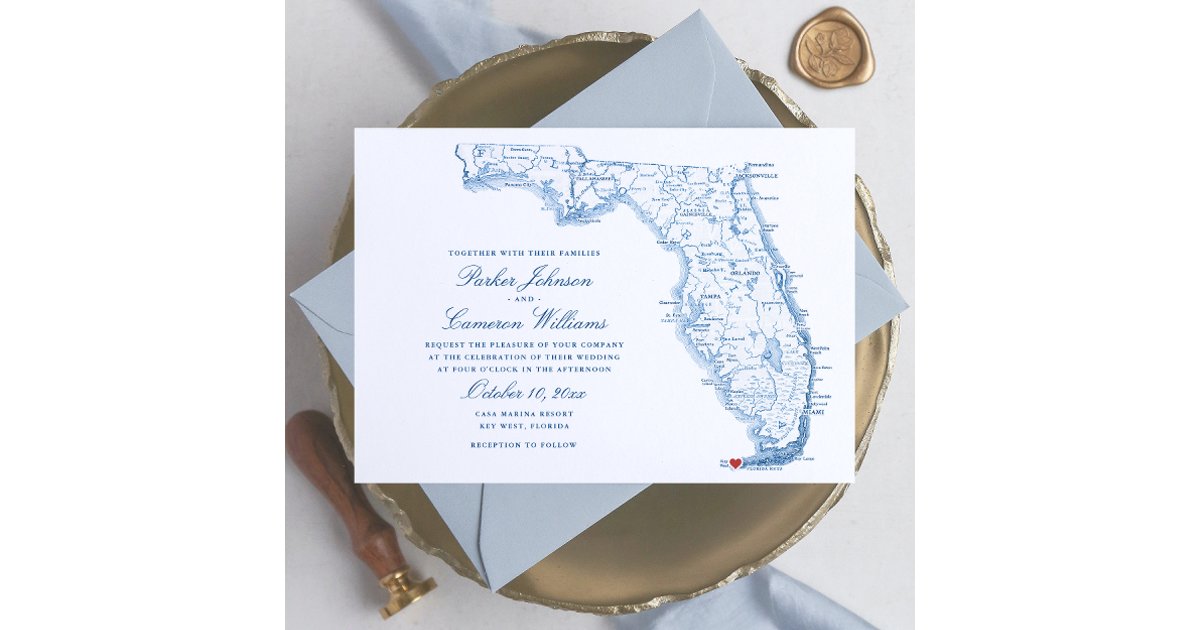 Key West FL Map Elegant Navy Blue Wedding Invitation | Zazzle